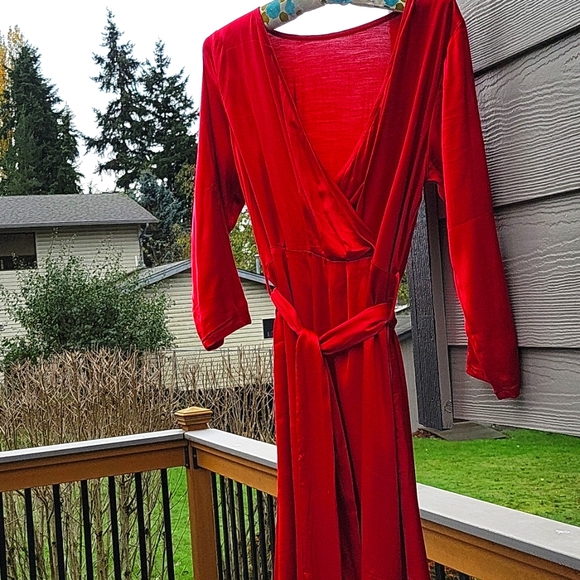 Dresses | Satin Rosy Red Belted 34 Long Sleeved Dress | Poshmark
